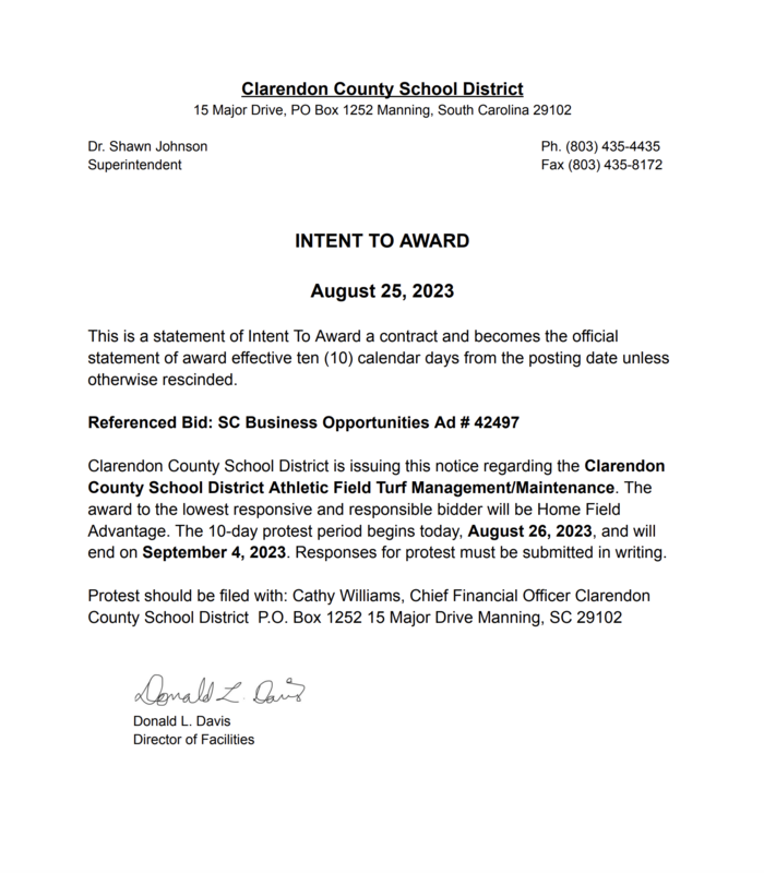Intent To Award Notification | Clarendon County School District